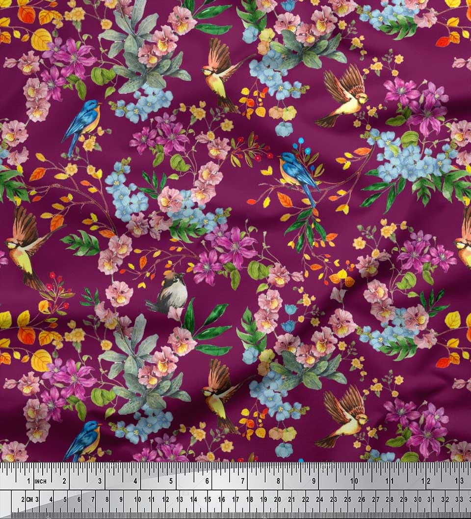 Soimoi Pink Poly Georgette Fabric Floral,American Robin & Bluebird Bird ...