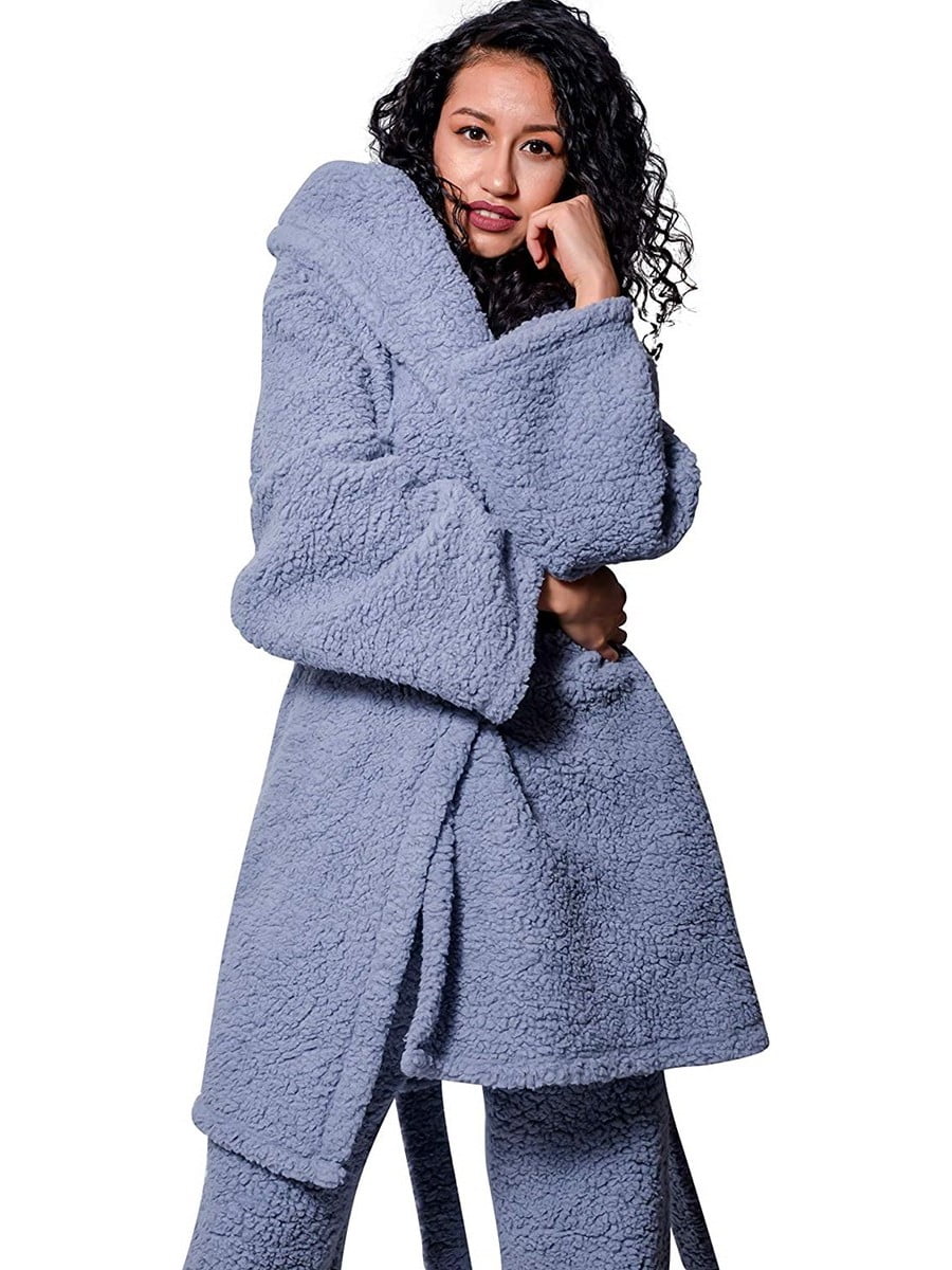 Lay-z Chic Women's Sherpa Pajama Robe Cute Pom Pom Sleepwear Cozy ...