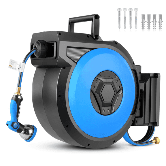 100ft 1/2" Retractable Garden Hose Reel - Wall Mounted with 6.5ft ...