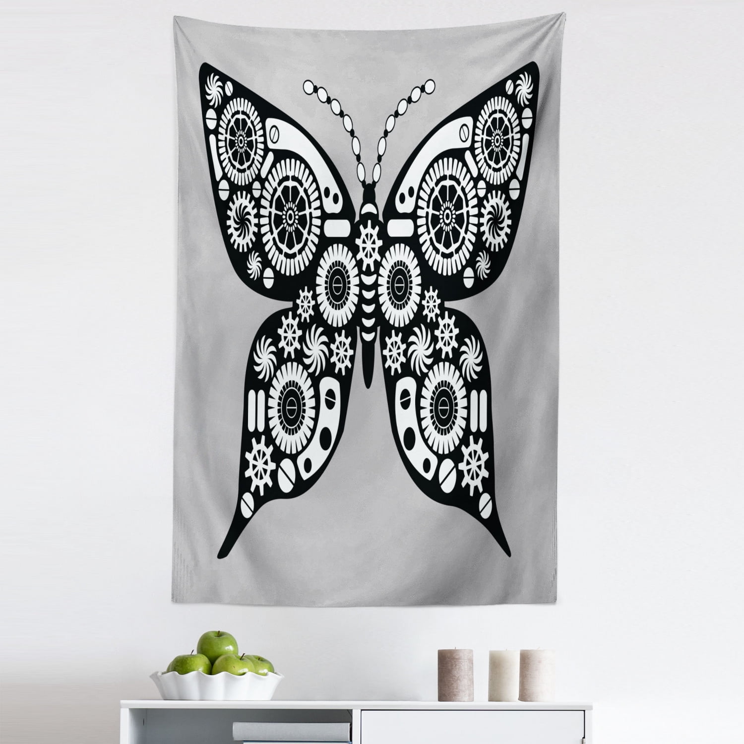 Steampunk Tapestry, Silhouette Butterfly Design with Mechanism Cogs and ...
