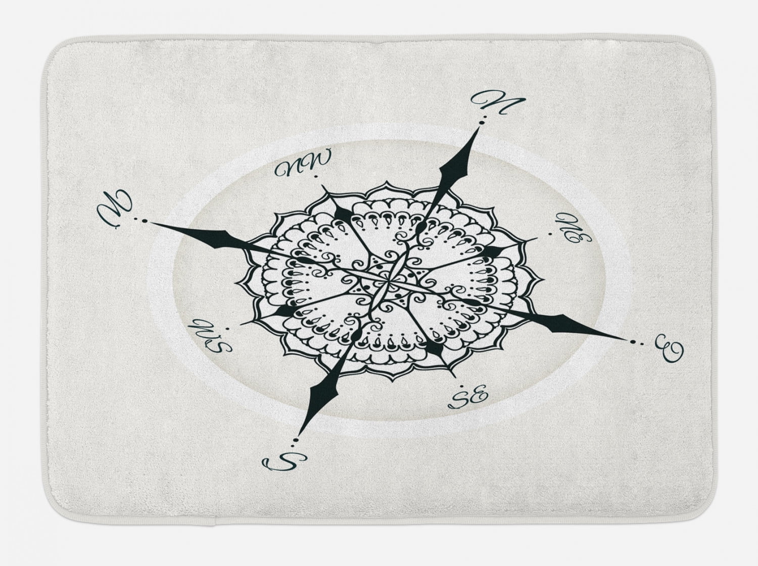 Compass Bath Mat, Hand Drawn Compass with Floral Arrangement Design ...