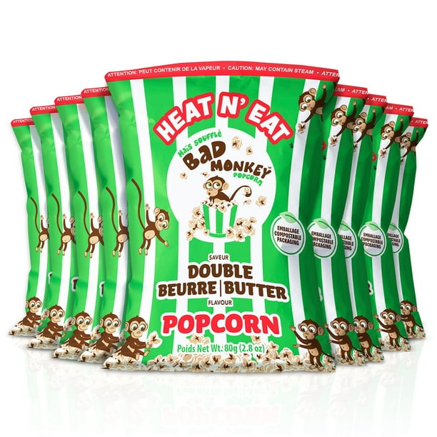 Bad Monkey Double Butter Heat N' Eat Gourmet Pre-Popped Popcorn in Eco ...