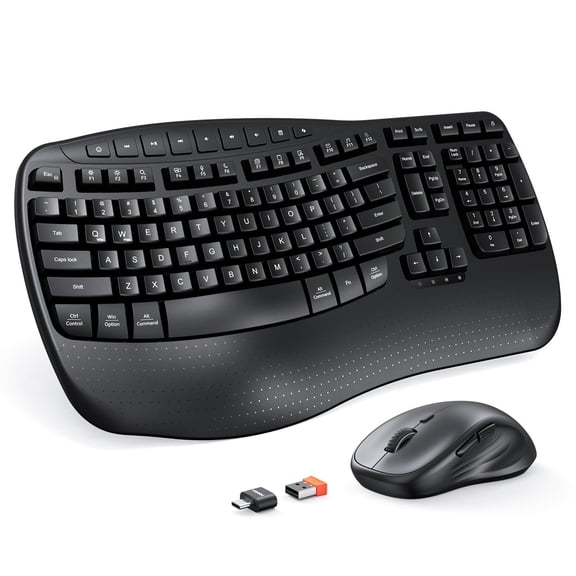 Wireless Keyboard and Mouse Combo, 2.4G Full Size Wave Keys Ergonomic ...