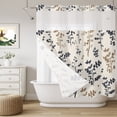 Brown Navy Blue Leaves on Vintage Linen No Hook Shower Curtain with ...