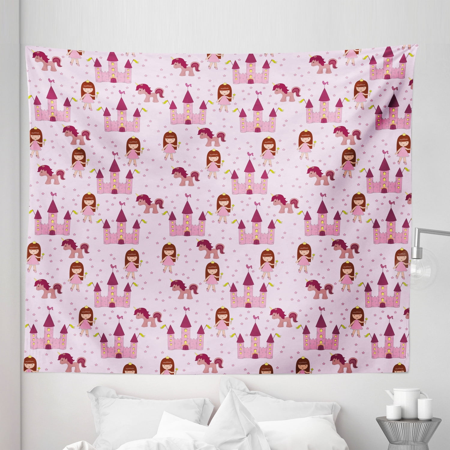 Fantasy Tapestry, Cartoon with Castle and Unicorn Stars Background ...