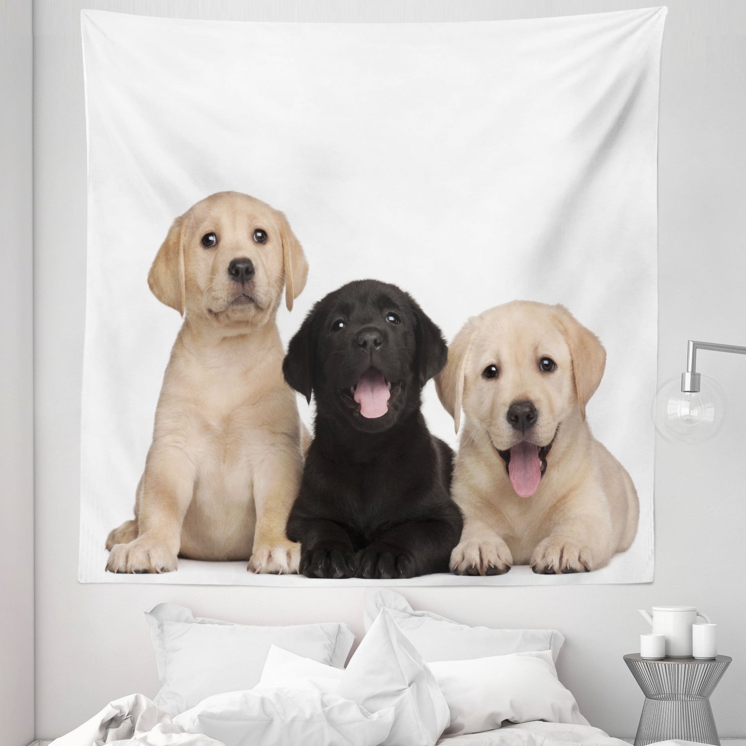 Animal Tapestry, Labrador Dog Photo on Plain Backdrop Happy Puppies ...