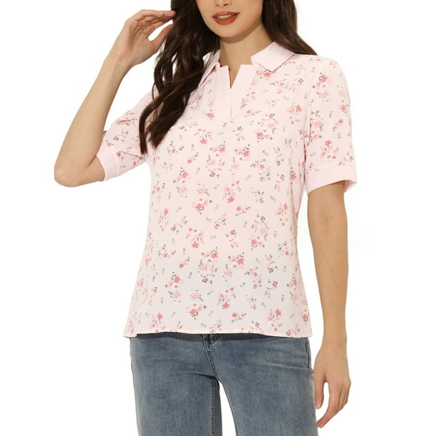 Allegra K Womens Point Collar V Neckline Short Sleeve Floral Blouse