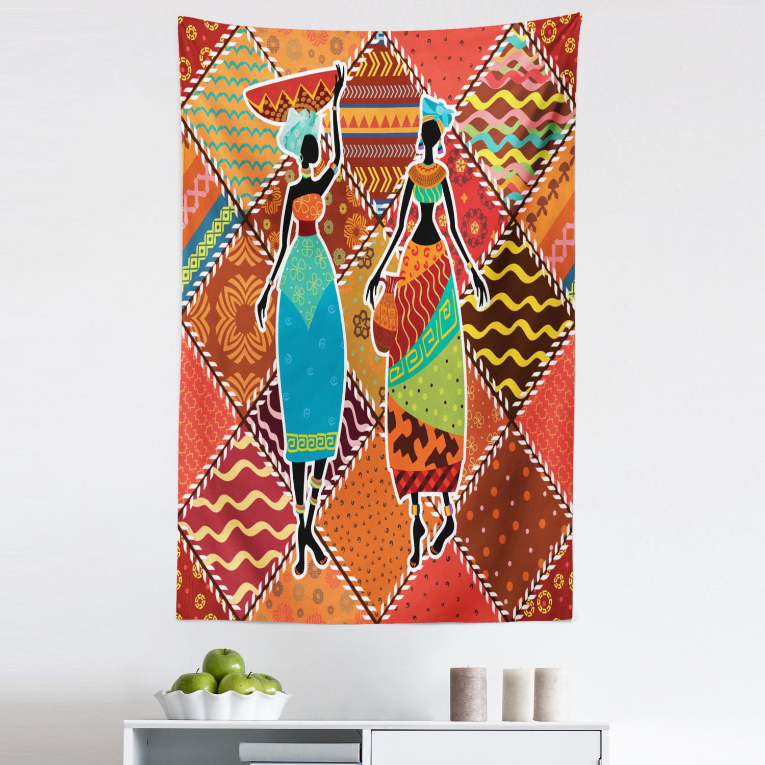 African Woman Tapestry, Colorful Patchwork Background Female Carrying ...