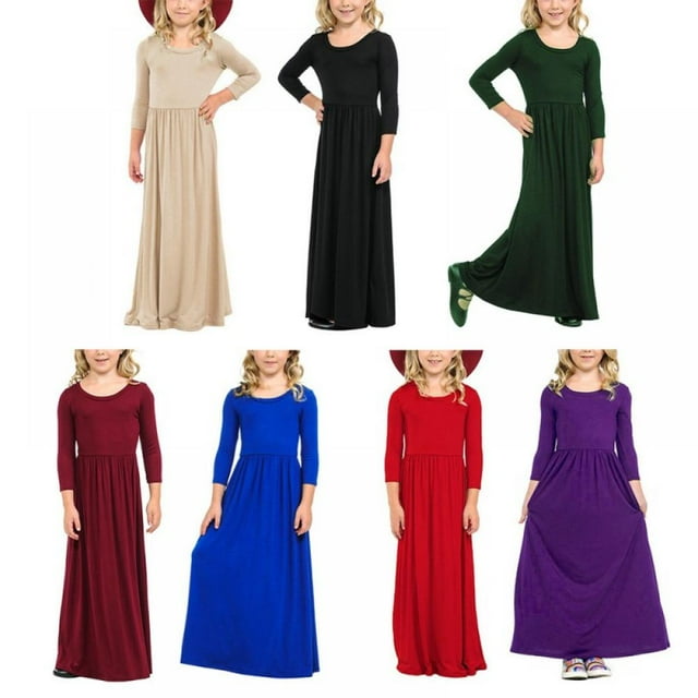 Girls Solid Color round Neck Long Sleeved Dresses Large Hem Child Long ...