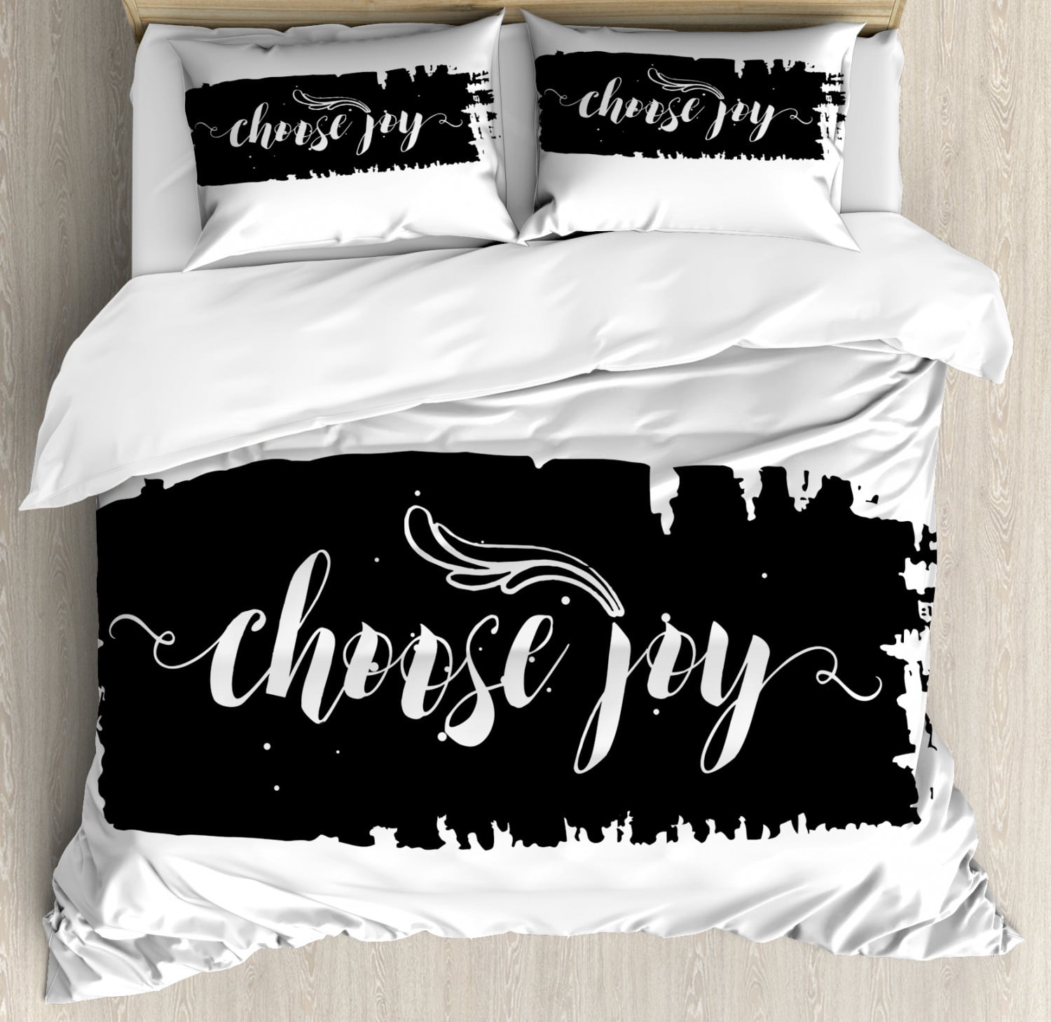 Choose Joy Duvet Cover Set King Size, Sketchy Layout of Lettering Monochromatic Be Joyous Forget ...
