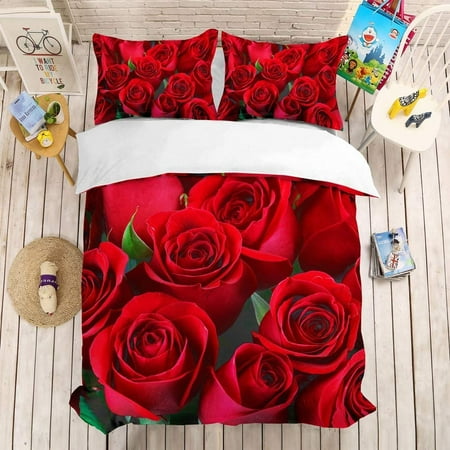 Red Rose Duvet Cover Set Queen Size 3D Printed Rose Floral Bedding Set ...