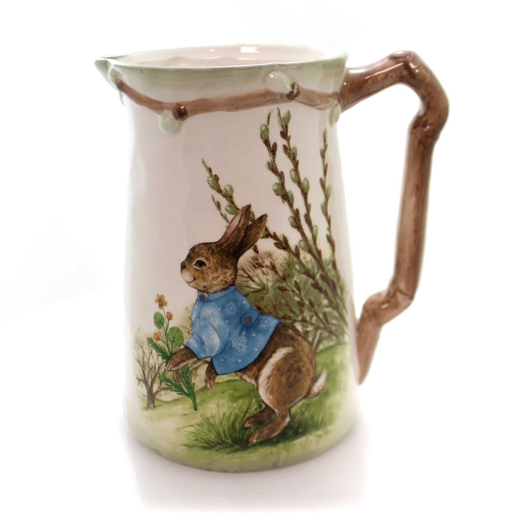 Tabletop COUNTRY SCENE RABBIT PITCHER Ceramic Bunny Easter Spring ...