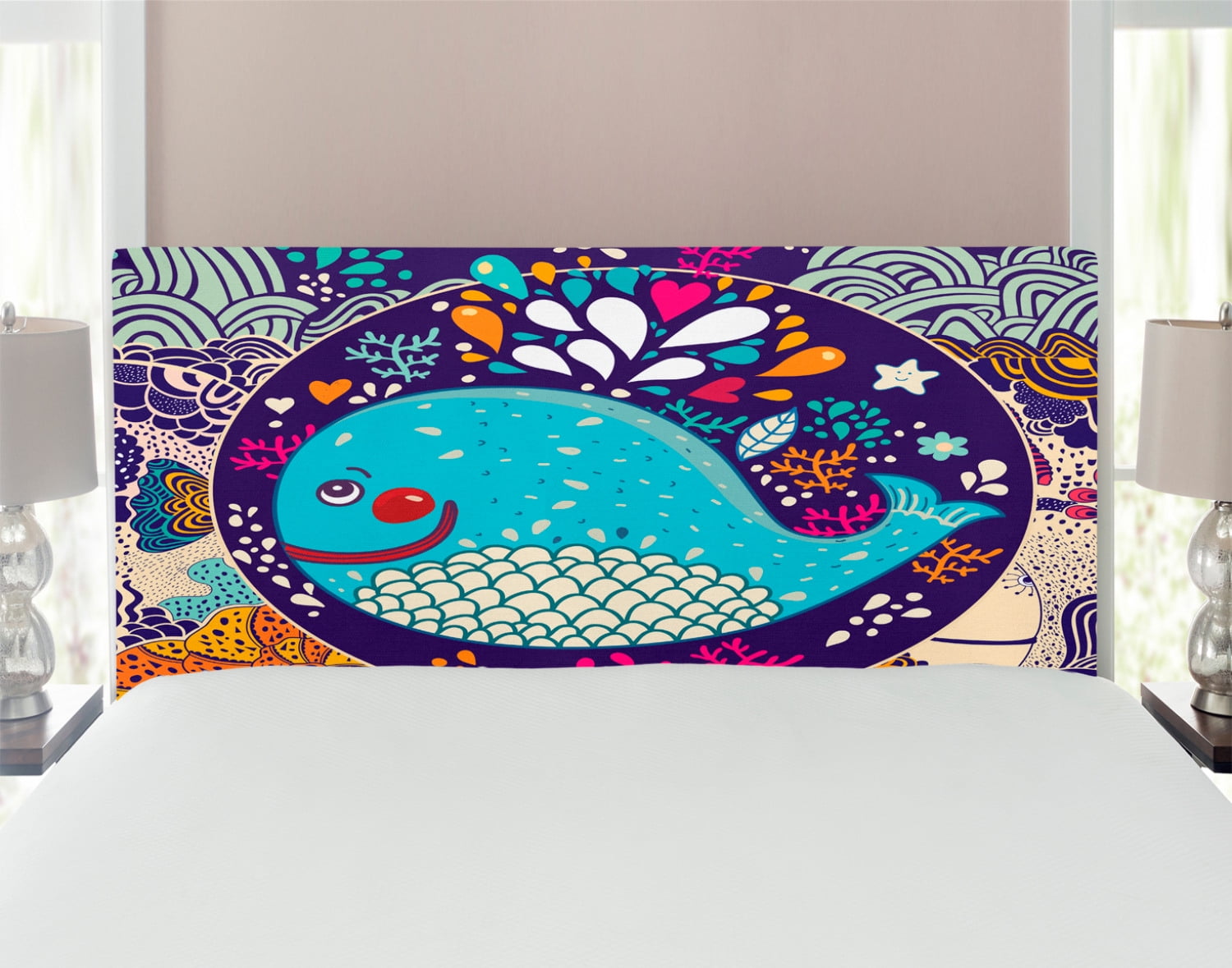Sea Animals Headboard, Cartoon Illustration with Smiling Whale in ...