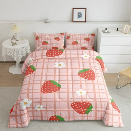 Red Strawberry Comforter Set Queen for Kids Cute White Flowers Room ...