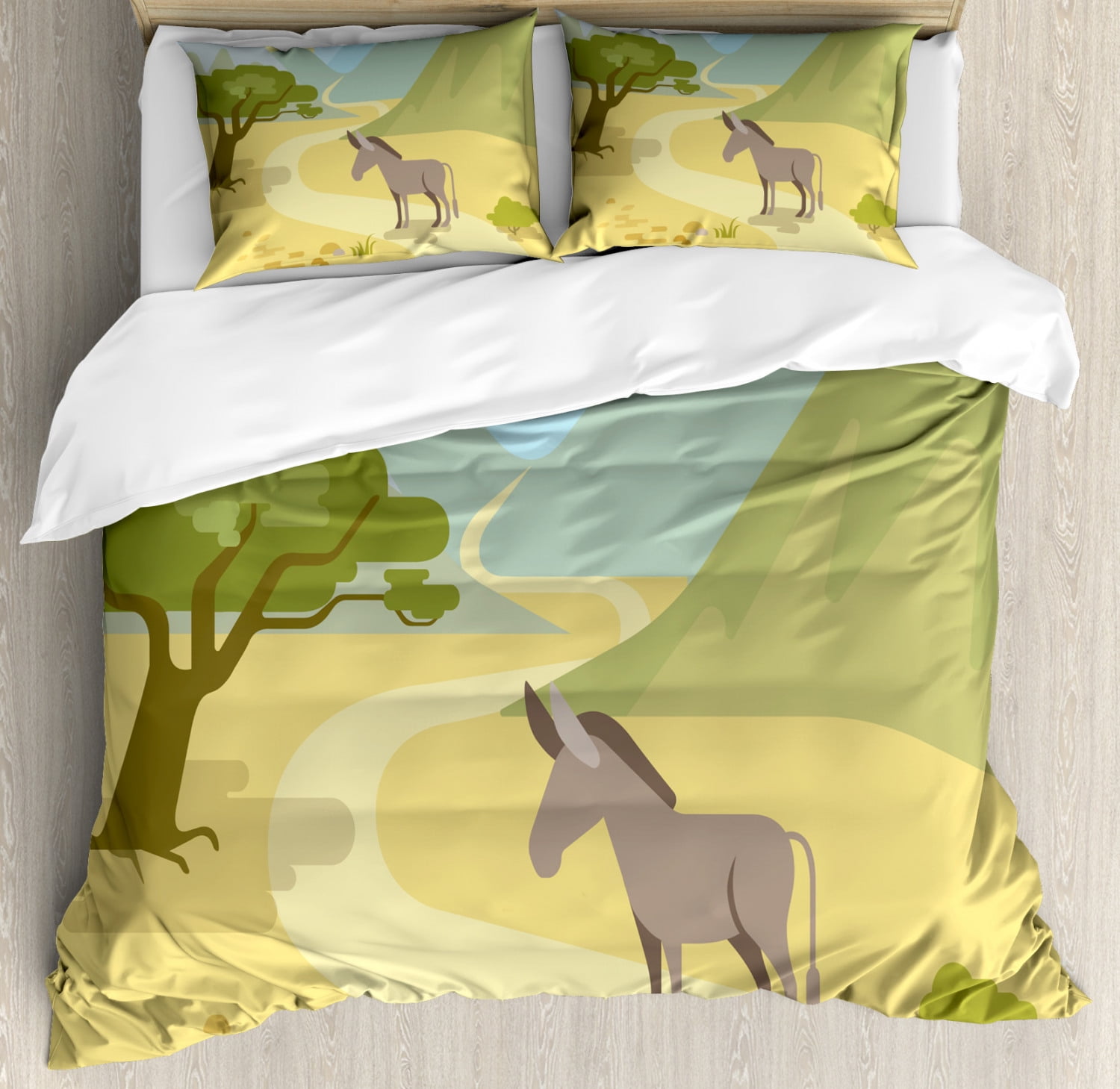 Donkey Duvet Cover Set Queen Size, Flat Design Habitat with a Donkey in ...
