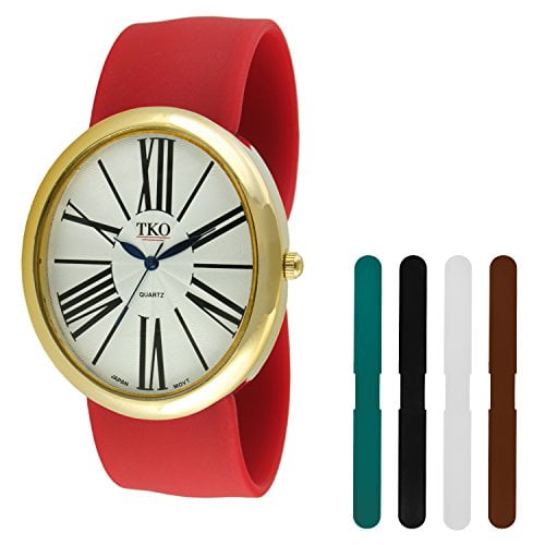 Interchangeable 5 Band Slap Watch Gift Set Gold Large Roman Numeral ...