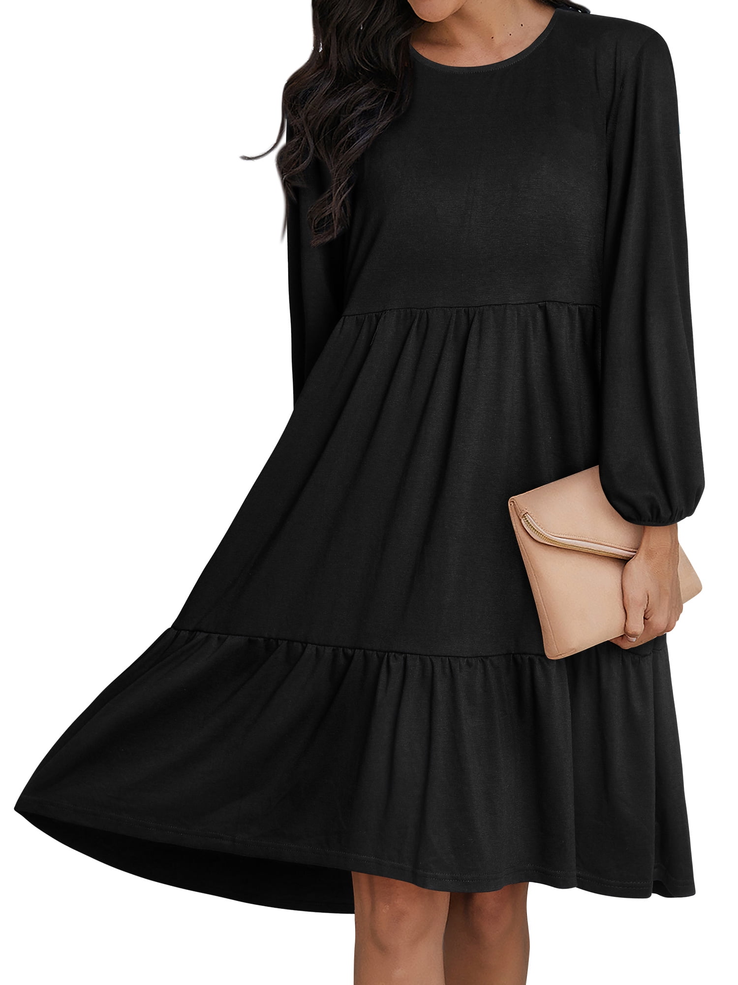 HUBERY Women Crew Neck Long Puff Sleeve Ruffled Keyhole Back Midi Dress ...