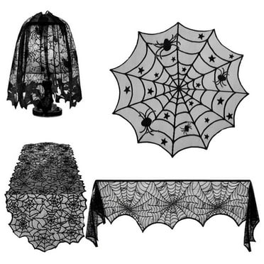 Round Lace Table Topper Black Spider Tablecloth and Fireplace Spider Decorations Lace Spiderweb ...