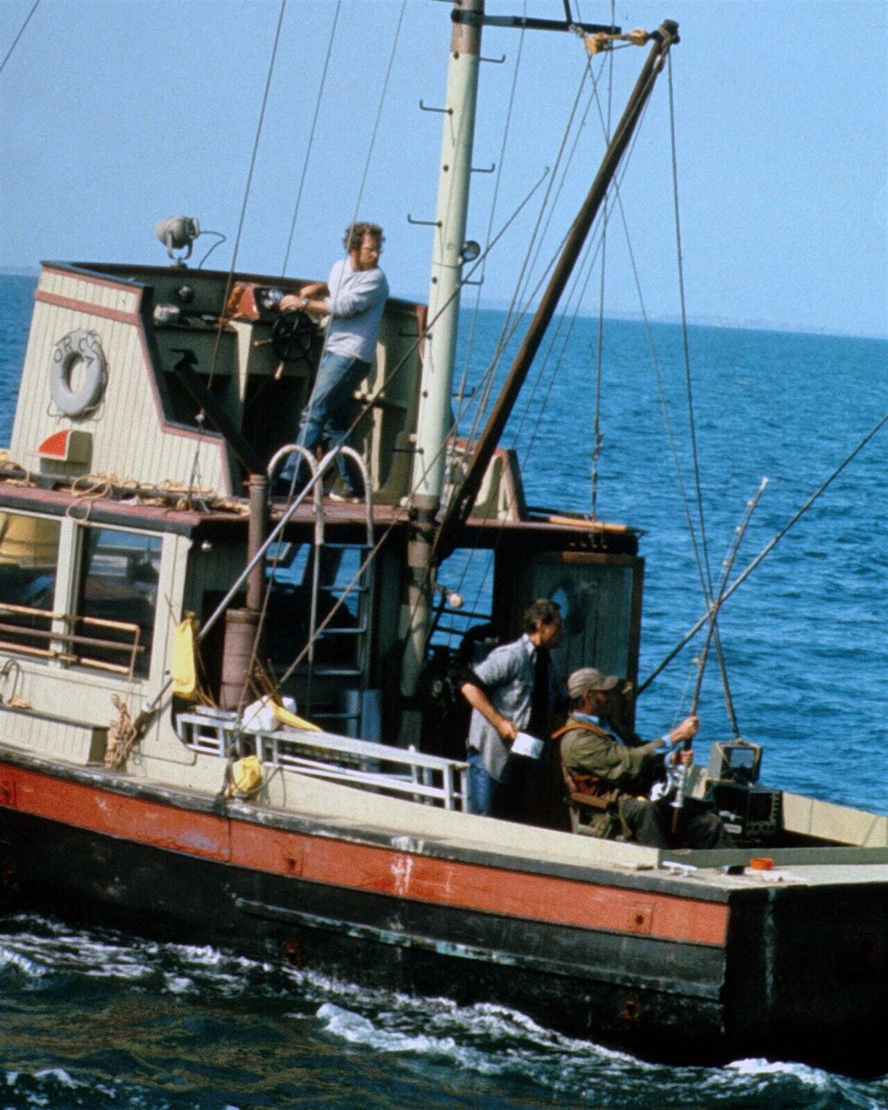 Jaws Orca at sea Shaw & Scheider with rods Dreyfus piloting boat 24x30 ...