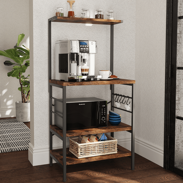 MONVANE Kitchen Baker s Rack Storage Shelf Microwave Cart Oven Stand Coffee Bar with Side Hooks 4 Tier Shelves Rustic Brown