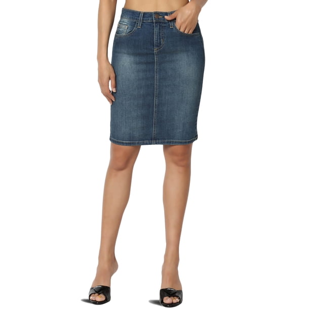 Junior's Premium Washed Denim Mid Rise Slit Slim Pencil Above Knee Jean ...