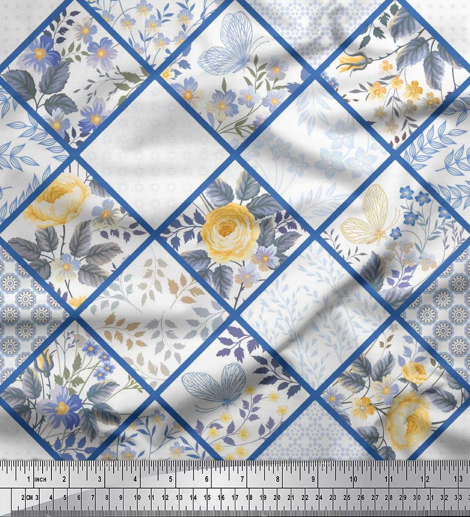 Soimoi Satin Silk Fabric Leaves,Floral & Check Patchwork Print Fabric ...