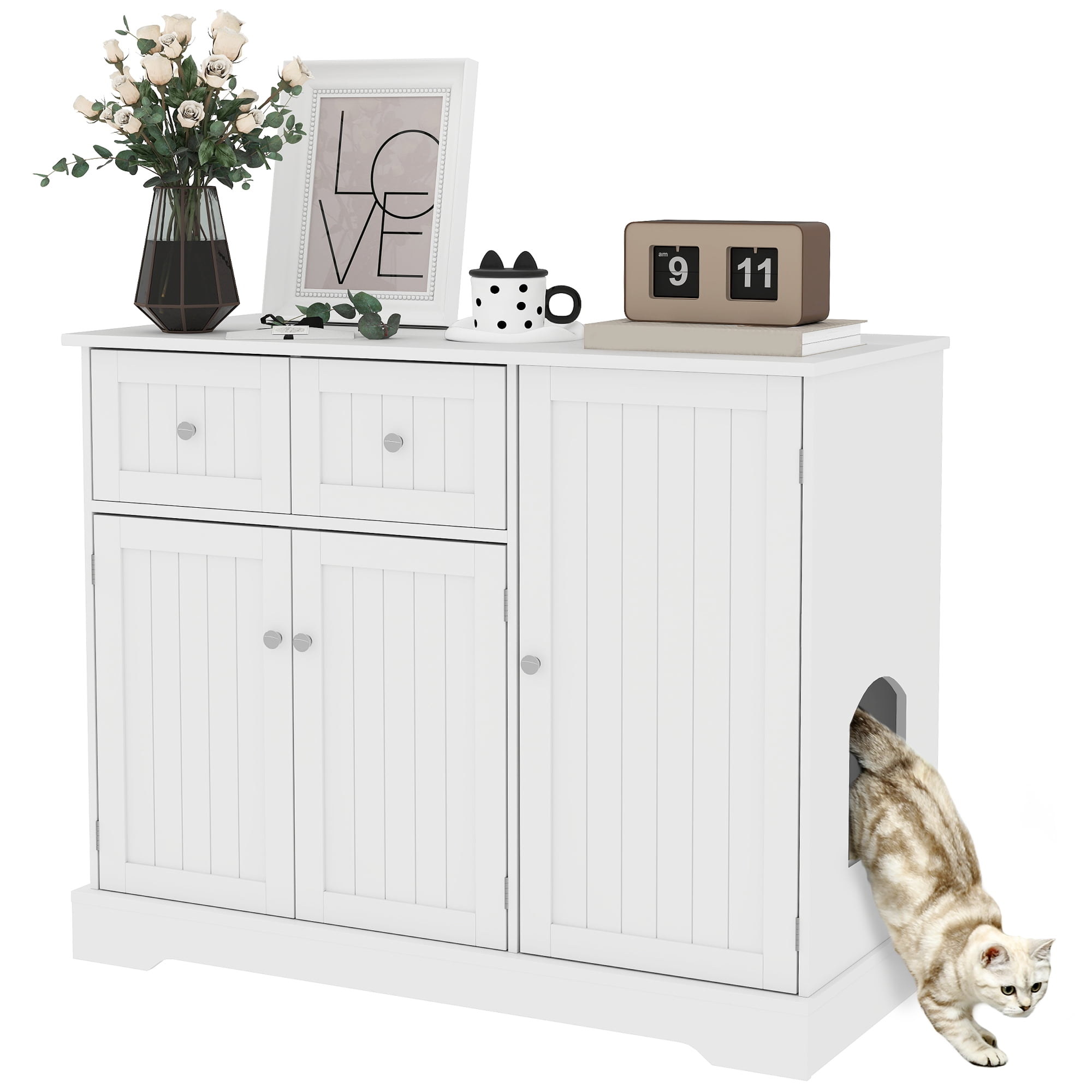 Pawhut Cat Litter Box Enclosure With Drawer  Storage  Anti-Tip Kit  White 39.2 W X 17.7 D X 31.5 H