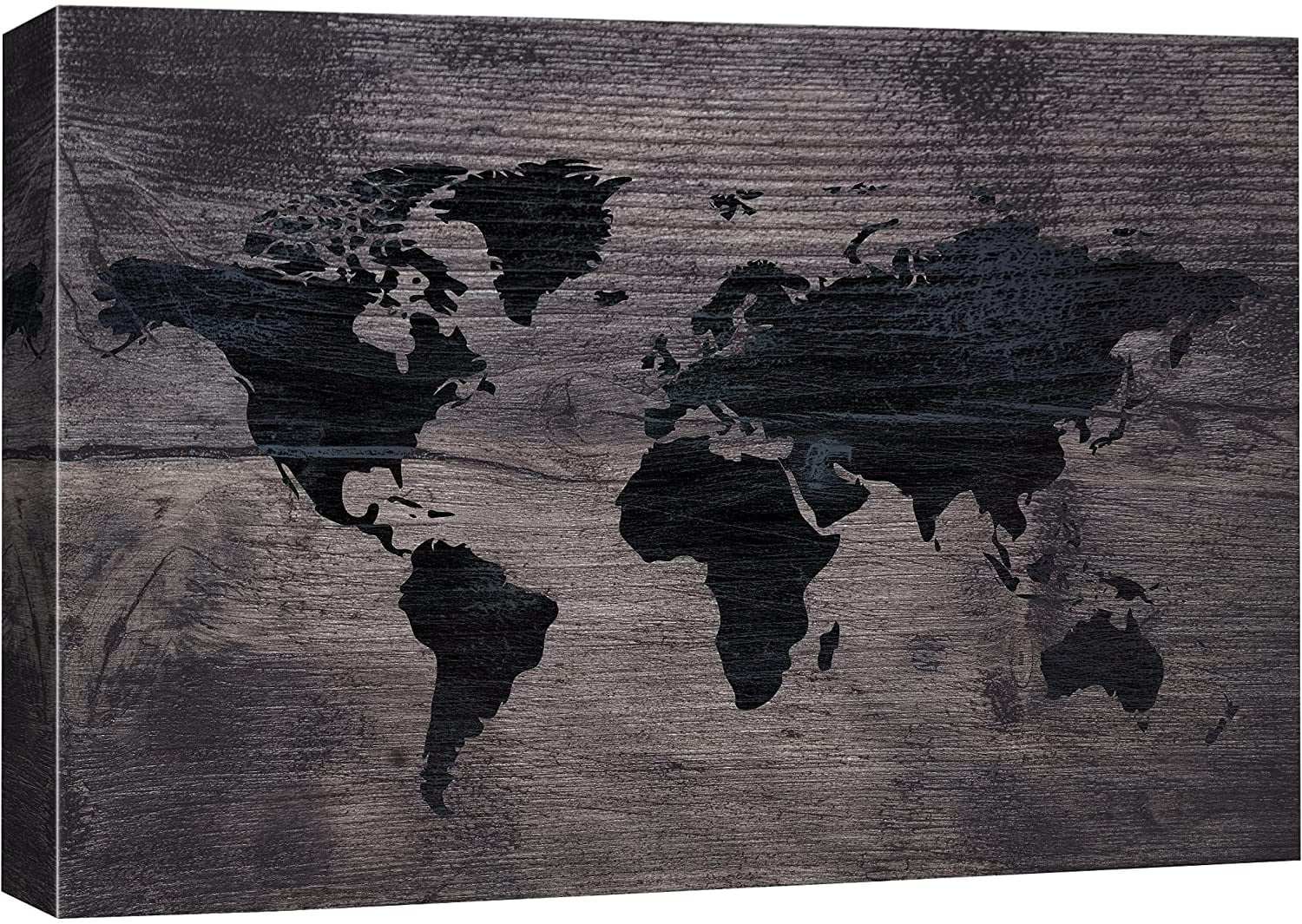IDEA4WALL Canvas Wall Art Black World Atlas Map on Dark Brown Wood ...