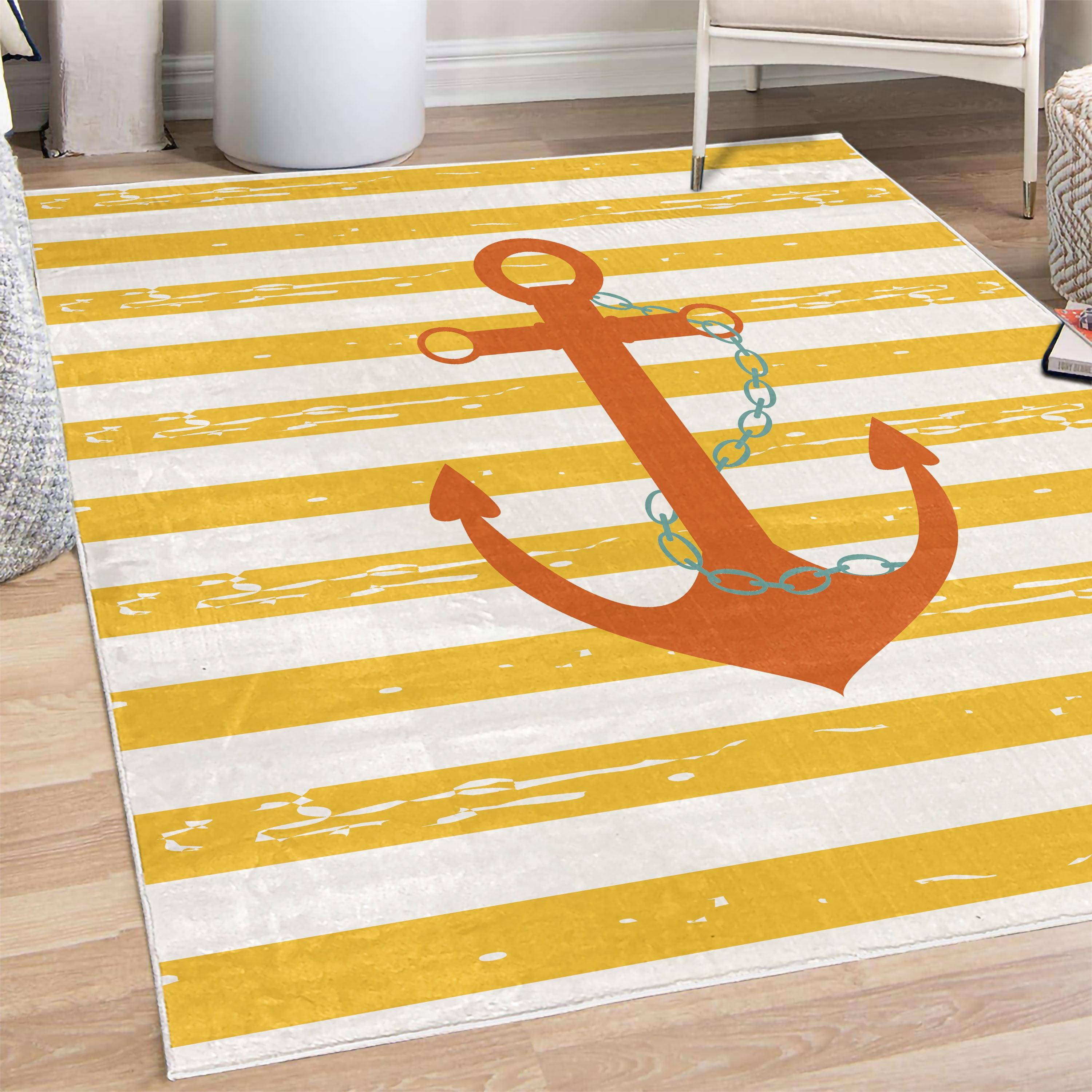 Striped Decorative Rug, Ship Anchor Chain Marine Life Inspired Lines ...