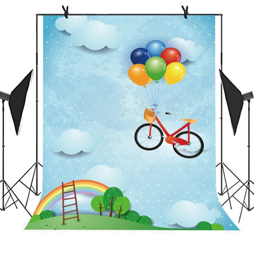 5x7ft Cartoon Drawing Backdrop Meadow Tree Stairs Rainbow Bicycle ...