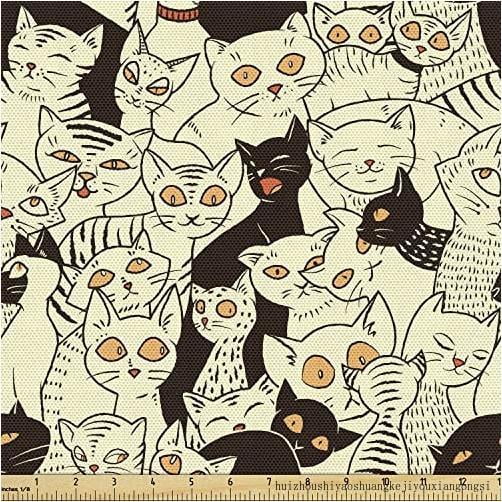 Cat Fabric By The Yard, Modern Big Eyed Funk Style Kitties With Retro ...