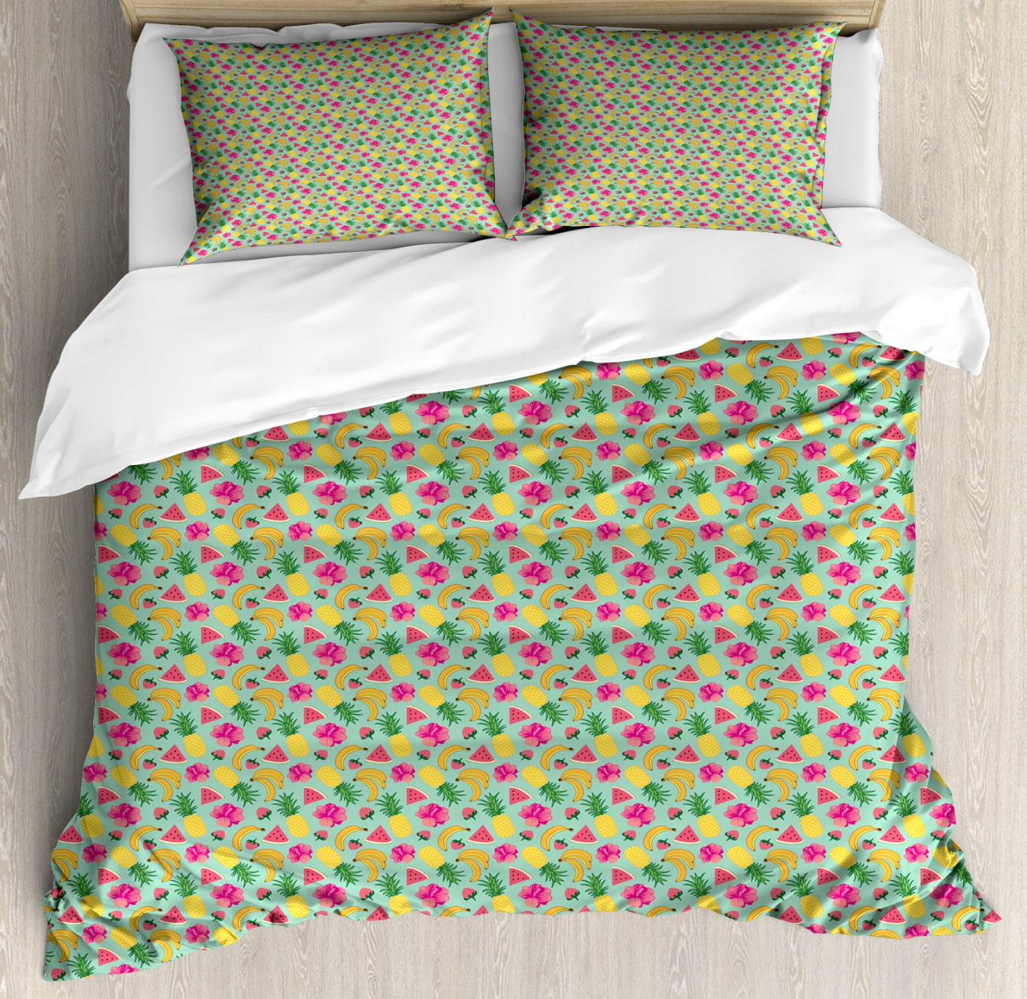 Fruits Duvet Cover Set King Size, Hibiscus Flower with Watermelon ...