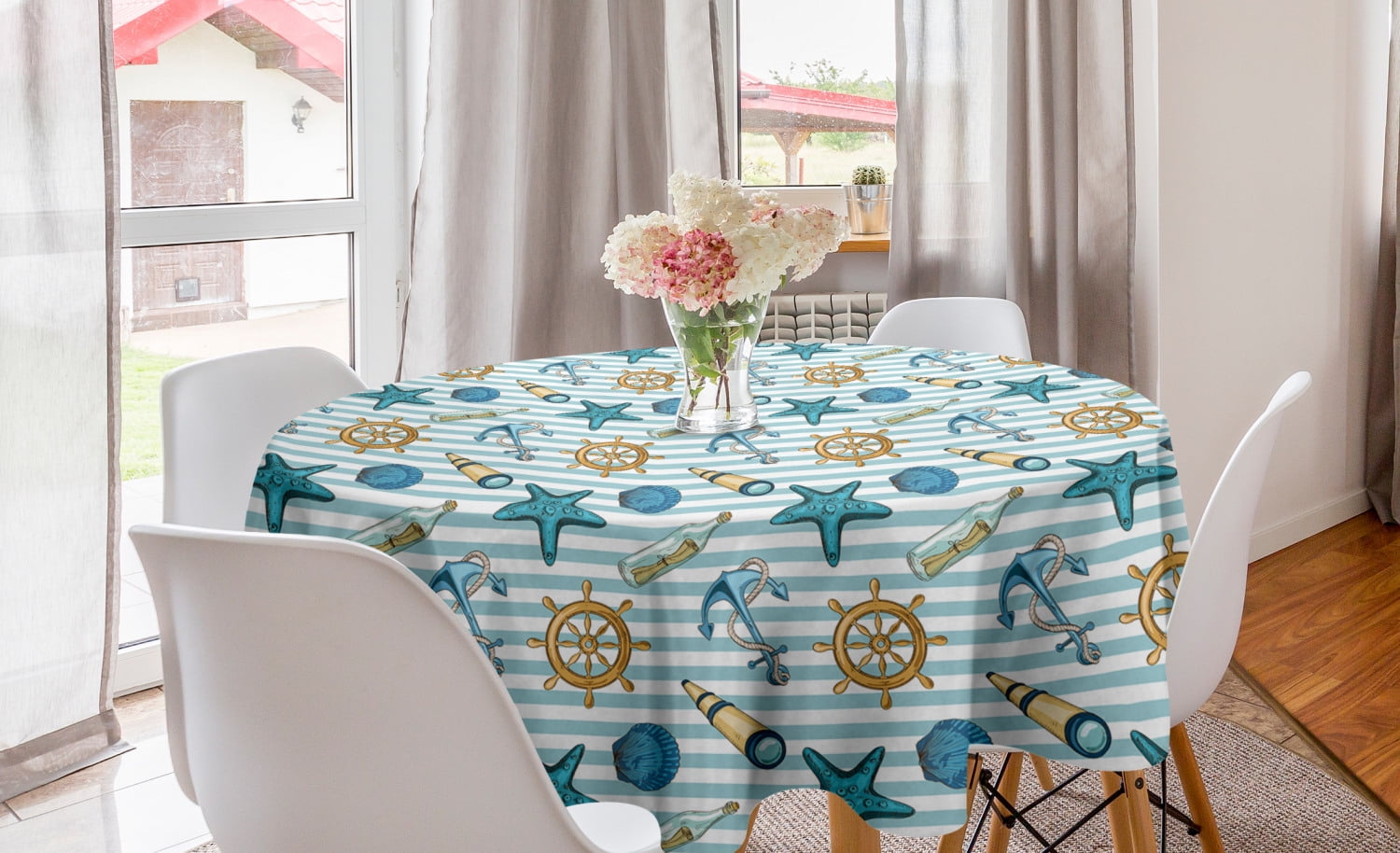 Nautical Round Tablecloth, Marine Sea Striped Background with Anchor ...