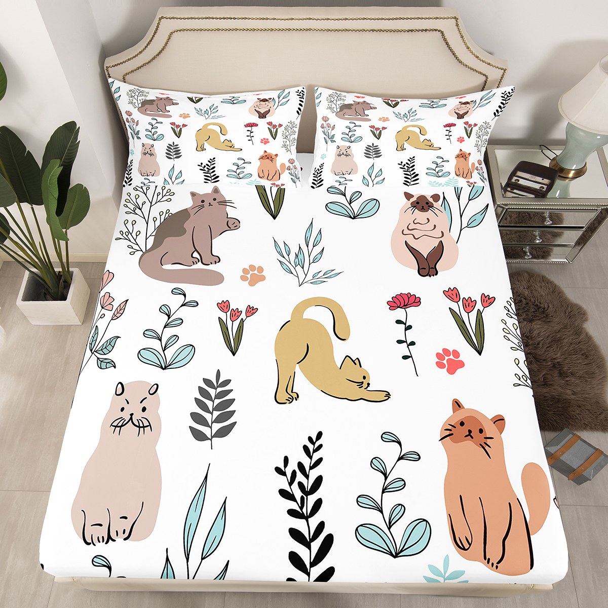Erosebridal Cartoon Cat Fitted Sheet Set Queen,Floral Flower Fitted ...