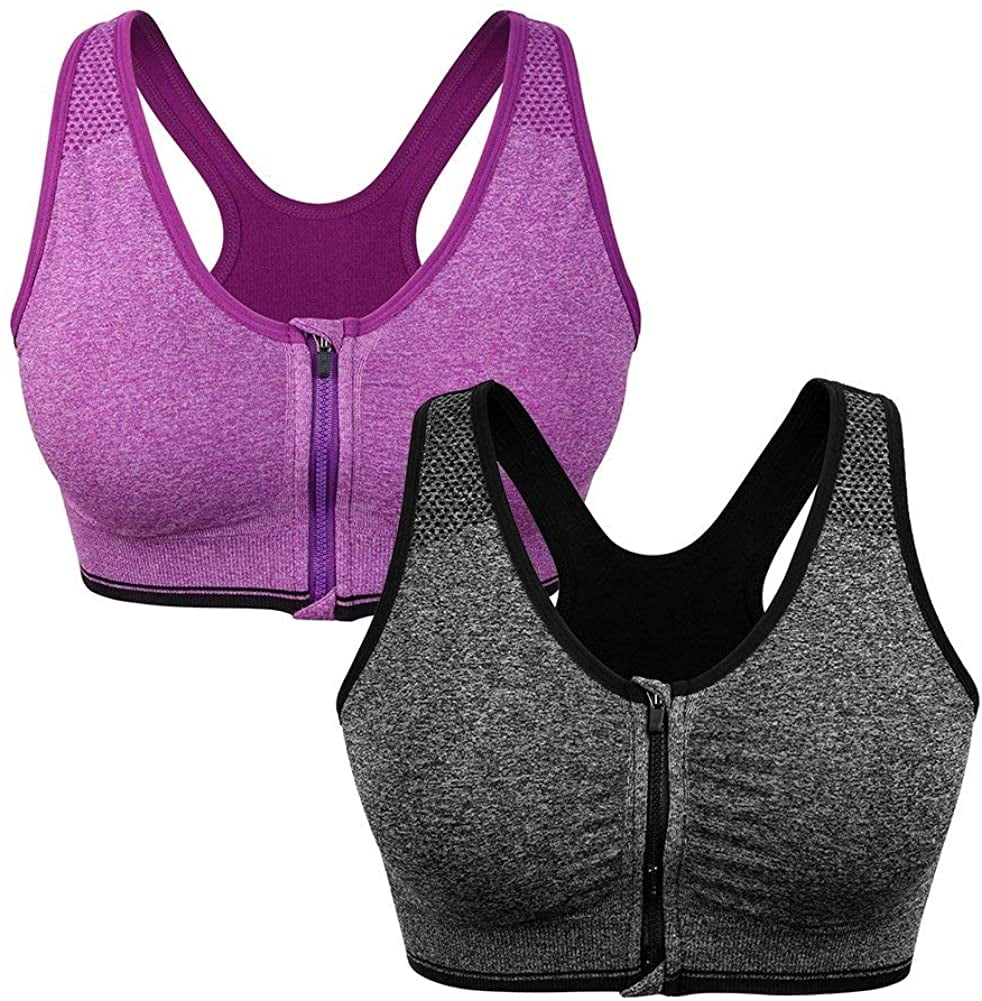 HZKAICUN Women's Zip Front Sports Bra Wireless Post-Surgery Bra Active ...