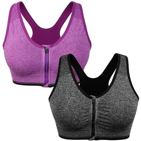 Women's Zip Front Sports Bra Wireless Racerback Yoga Bras Active Sport ...