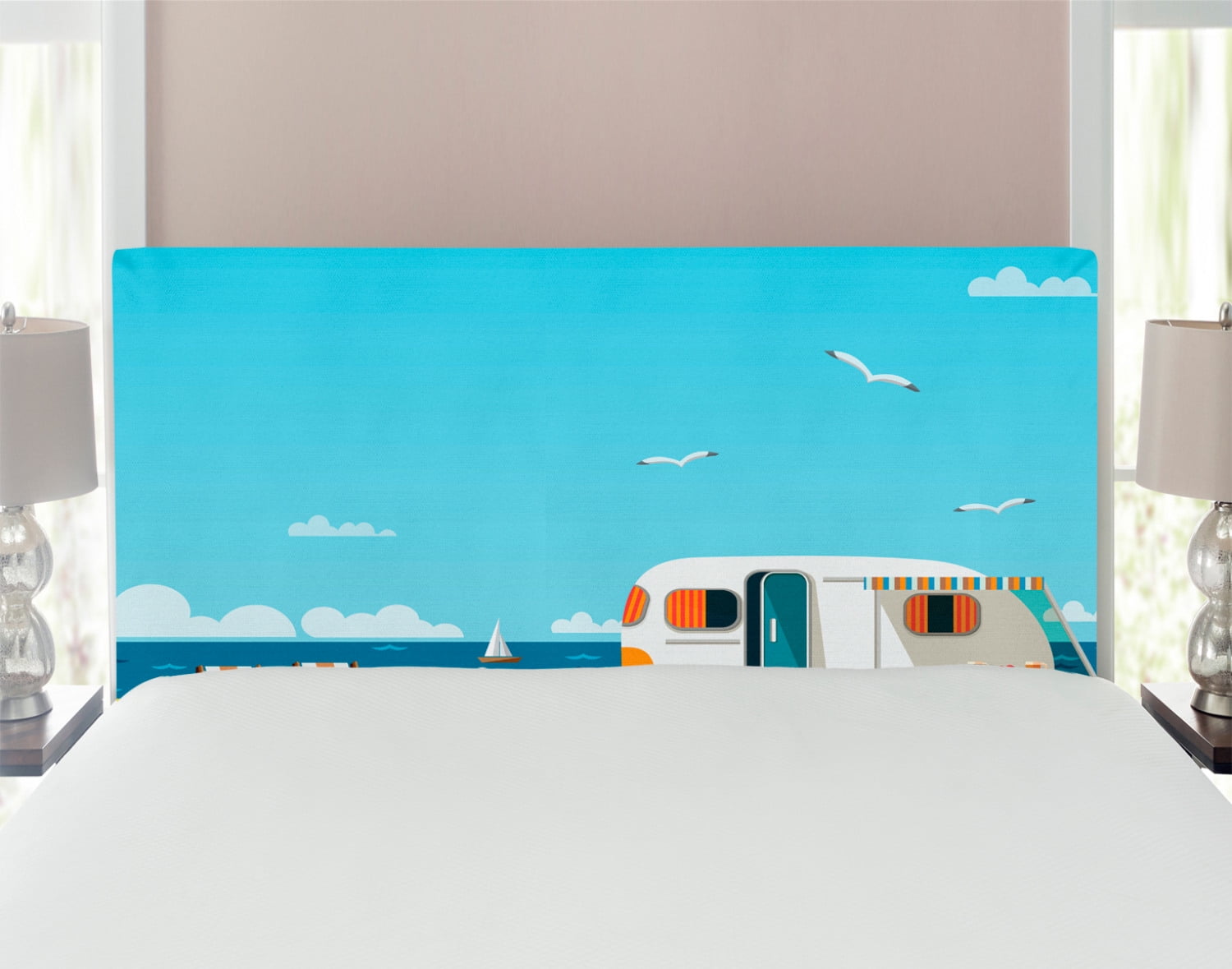 Seaside Headboard, Illustration of Summertime Caravan Coastline Clouds ...