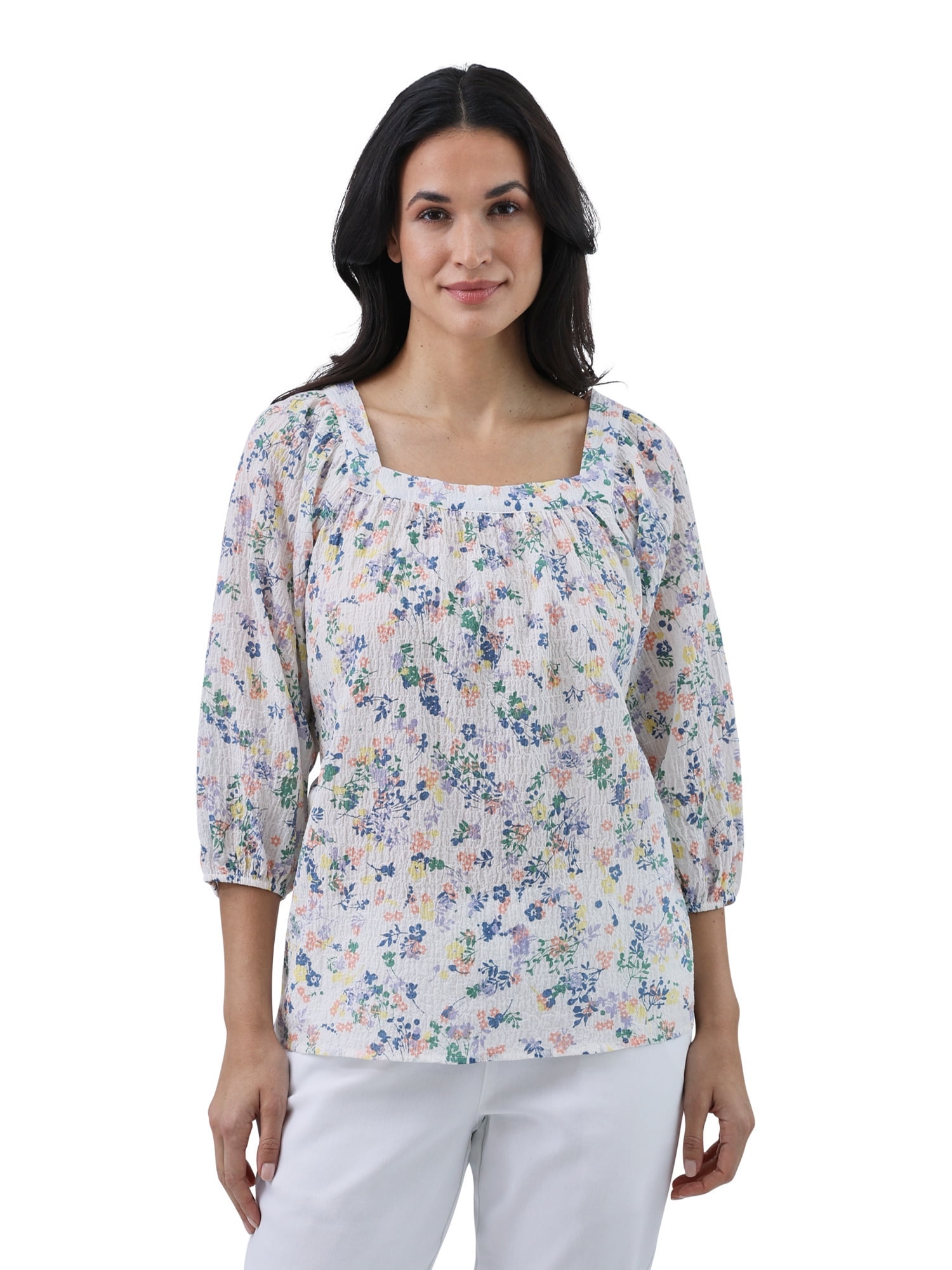 Chaps Women's Crinkle Sqaure Neck Cotton Top - Walmart.com