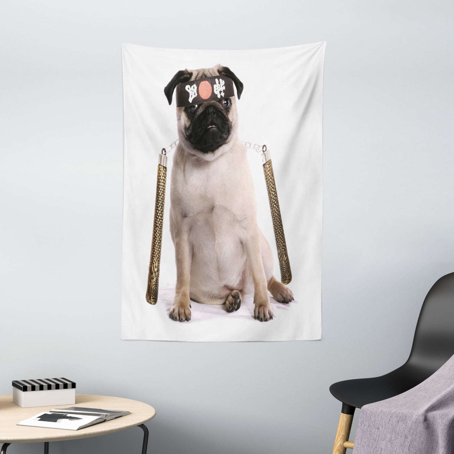 Pug Tapestry, Ninja Puppy with Nunchuk Karate Dog Eastern Warrior ...