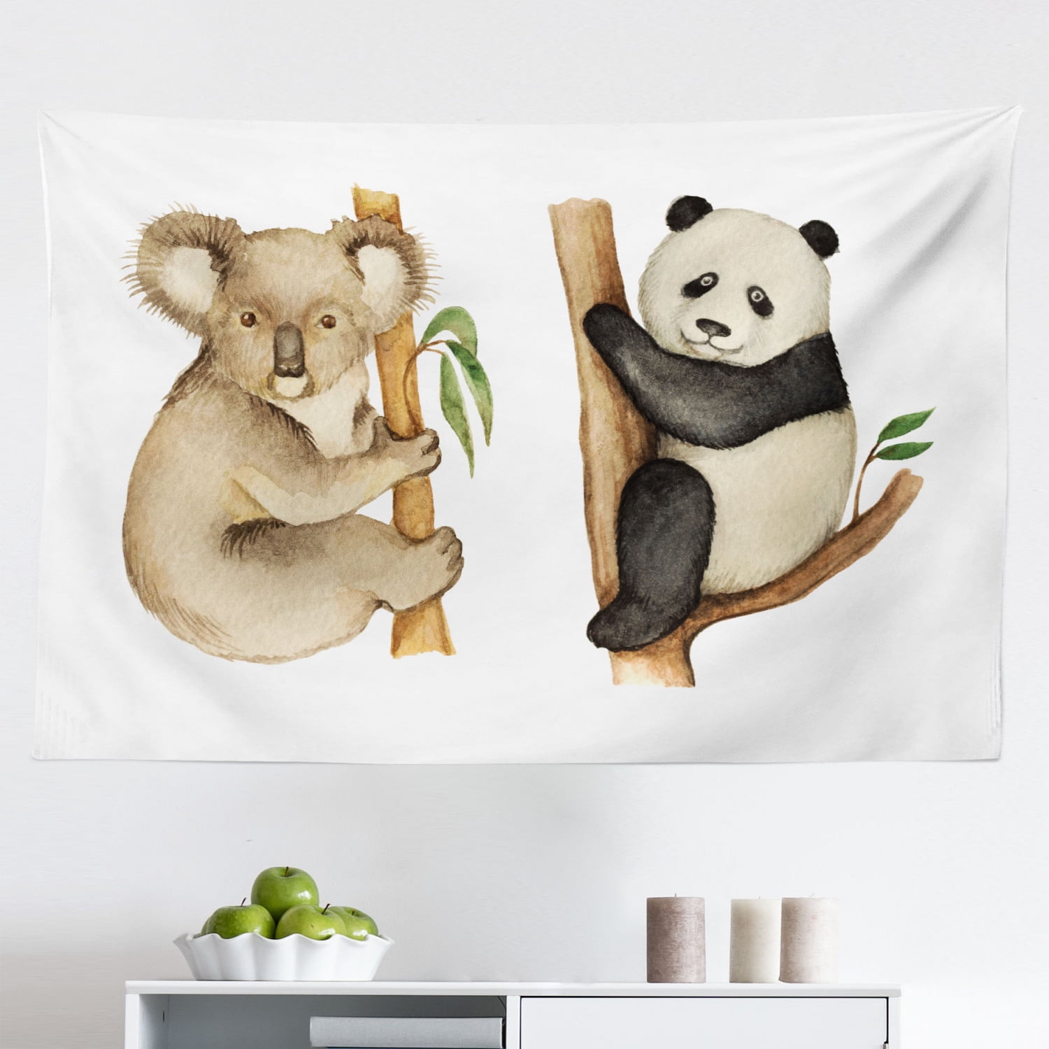 Panda Tapestry, Panda Standing on a Tree Trunk Tropical Flowers Big ...