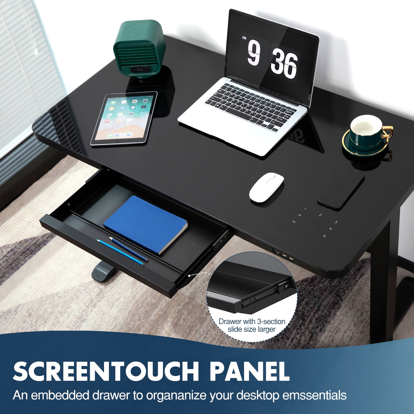 Buy AIMEZO Ergonomic Height Adjustable Glass Standing Desks with Drawer ...