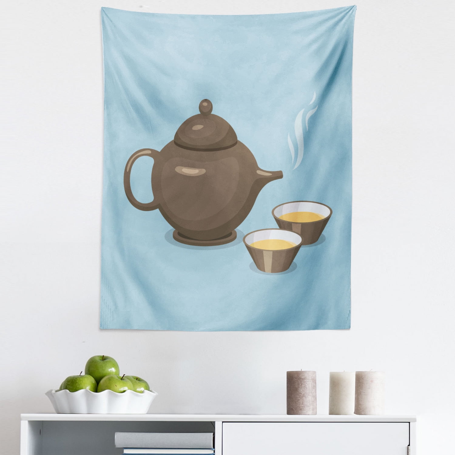 Tea Tapestry, Kettle with Cups Beverage Teatime Morning Drink Theme ...
