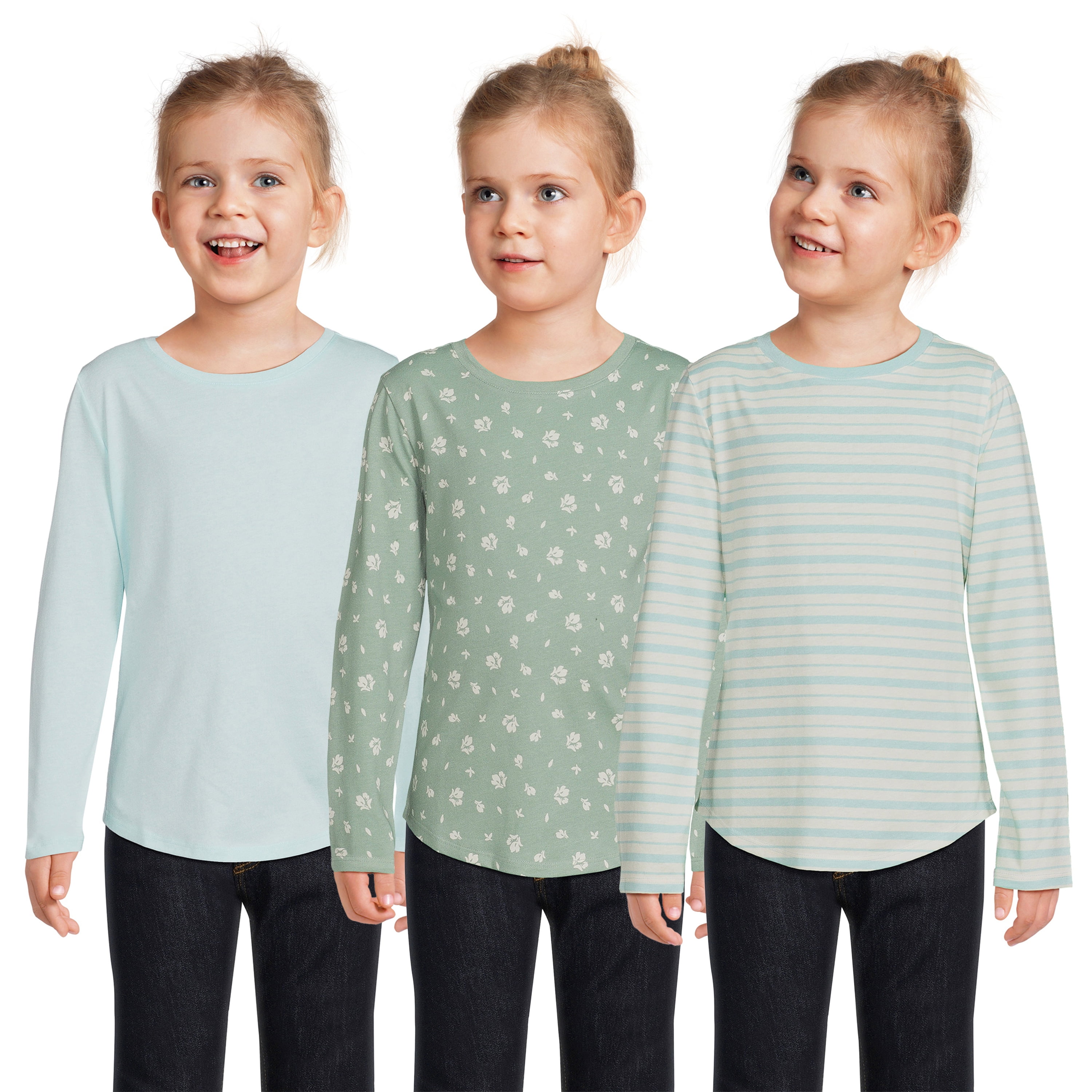 Wonder Nation Girls Long Sleeve Solid, Print, Graphic Tees, 3-Pack ...