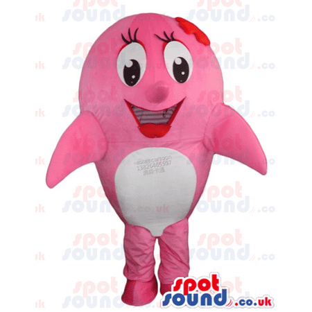 Fat pink whale with big round eyes- a big mouth and a red bow - Mascots ...