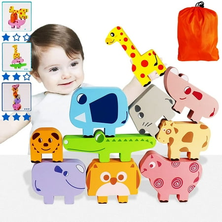 Wooden Blocks Stacking Toys Age 18+ Months Old, 10 Montessori Animals ...