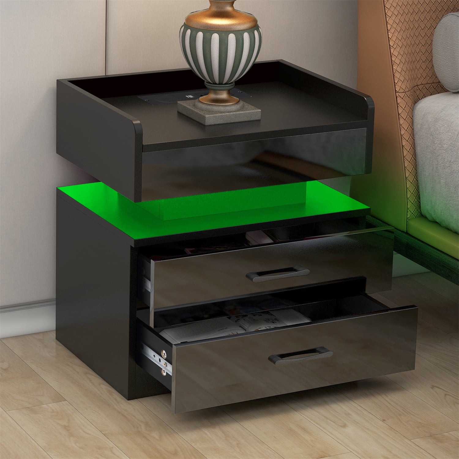 LED Nightstand with Wireless Charging and USB Ports, Modern Wood ...