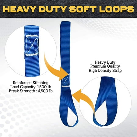 Soft Loop Tie Down Straps - 1,500 Load Capacity & 4,500 Lbs Breaking Strength - 6 Pack - Loops ...