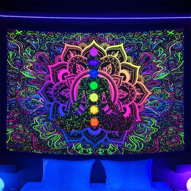 Blacklight Seven Chakra Tapestry UV Reactive Bohemian Mandala Spiritual ...