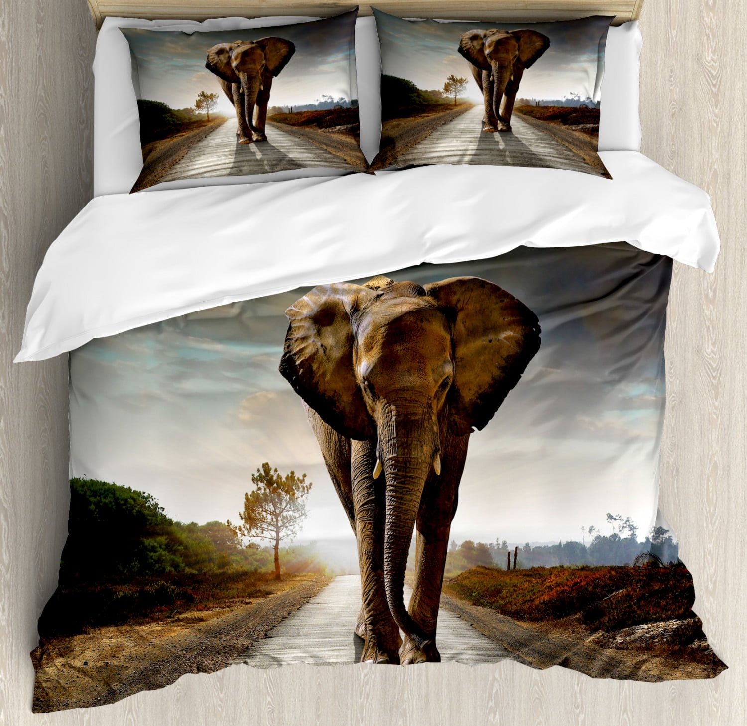 Elephant Duvet Cover Set King Size, Lonely Animal Walking Down a Road ...