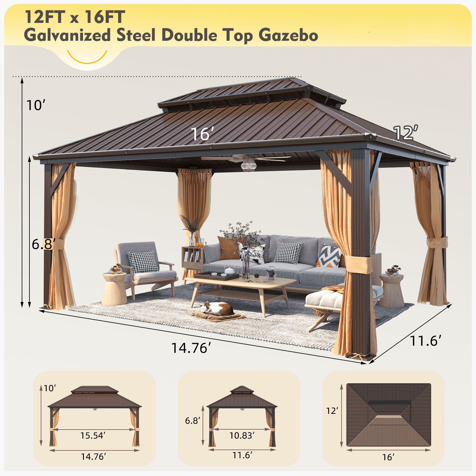 Erinnyees 12' x 16' Gazebo, Hardtop Gazebo with Galvanized Steel Roof ...